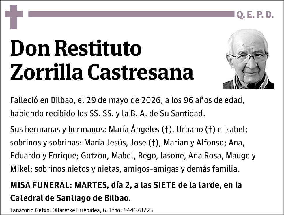 Restituto Zorrilla Castresana | Esquela | El Correo